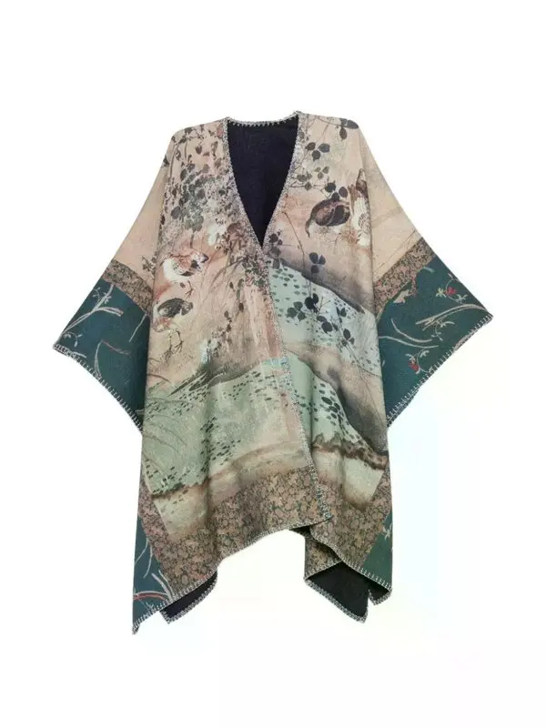 PIERRE-LOUIS MASCIA Pancake Graphic-print Blanket-stitch Poncho - Neutrals