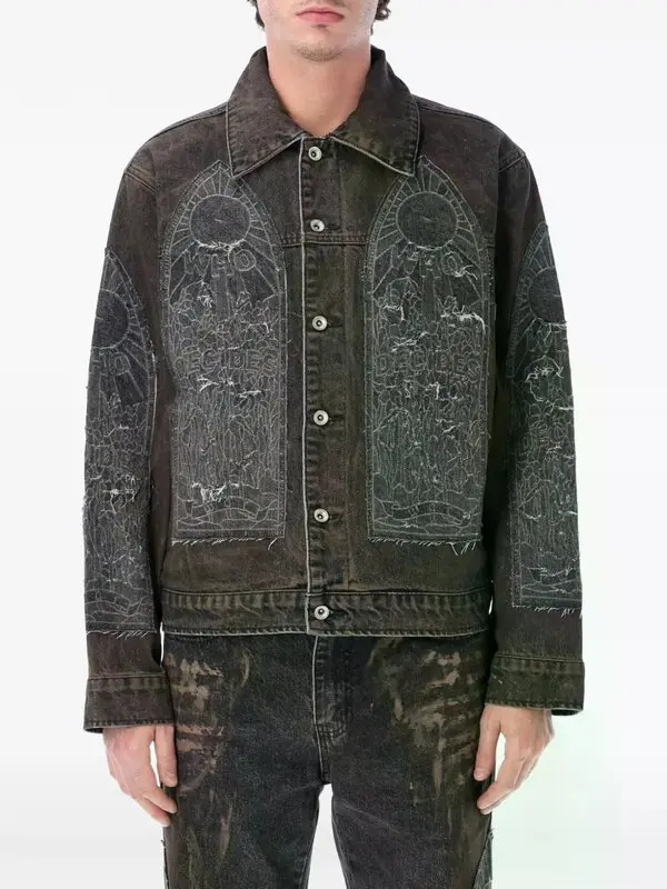 WHO DECIDES WAR Distressed Cathedral-patch Denim Jacket
