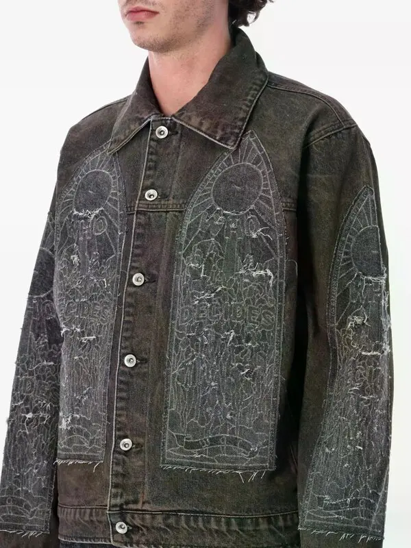 WHO DECIDES WAR Distressed Cathedral-patch Denim Jacket