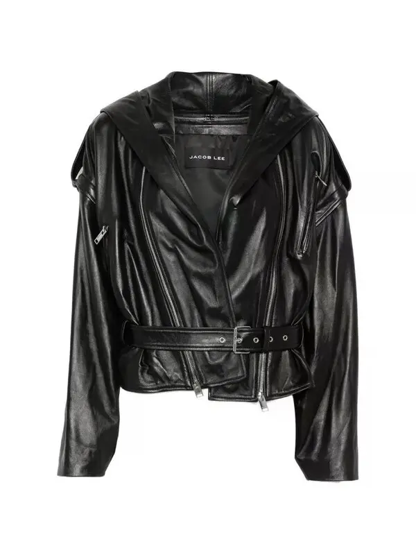 JACOB LEE Hooded Leather Biker Jacket