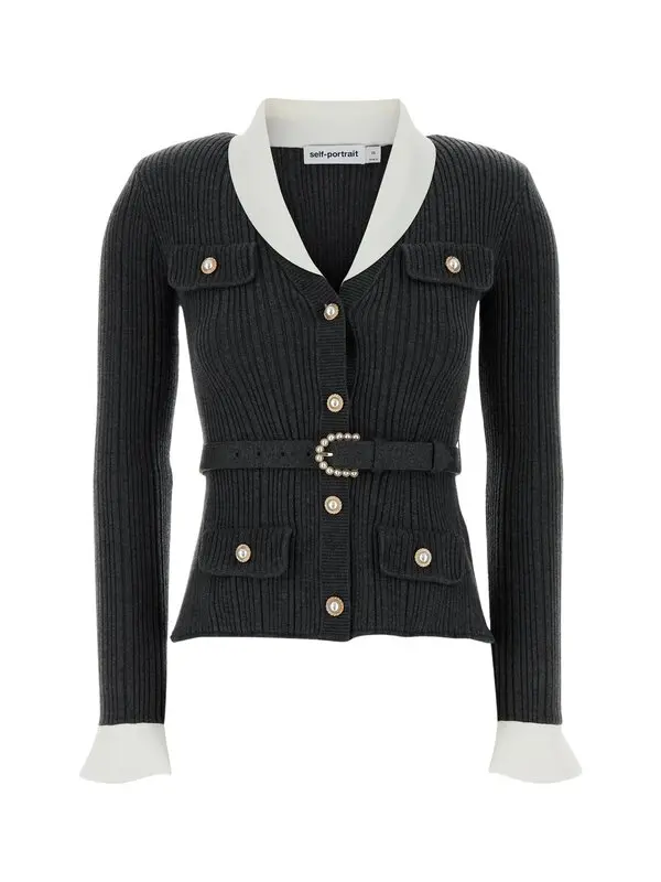 SELF-PORTRAIT Ribbed Button-front Cardigan With Belt - Grey