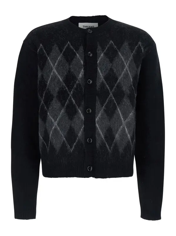 TONYWACK Brushed Argyle V-neck Button-front Cardigan Sweater For