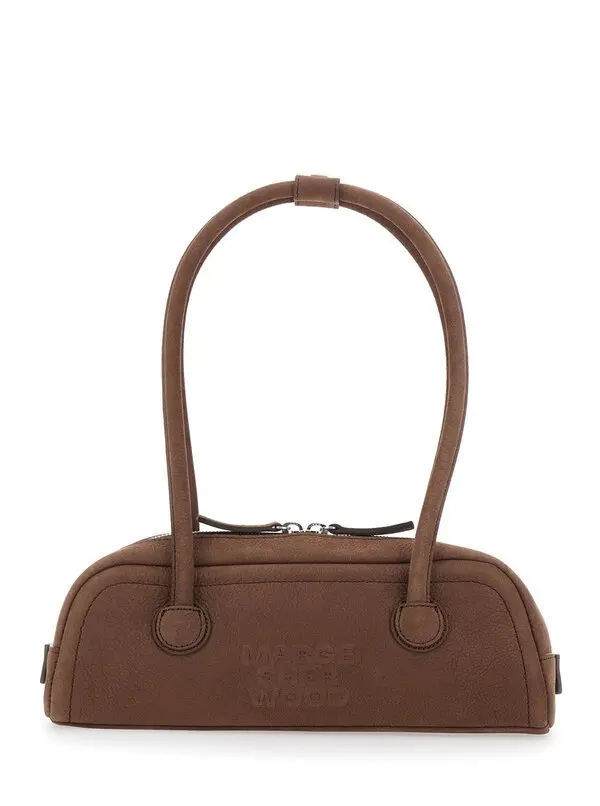 MARGESHERWOOD Soft Boston Mini Leather Shoulder Handbag With Two Top Handles, Logo Front & Zip Closure, 29x12x7 Cm - Brown