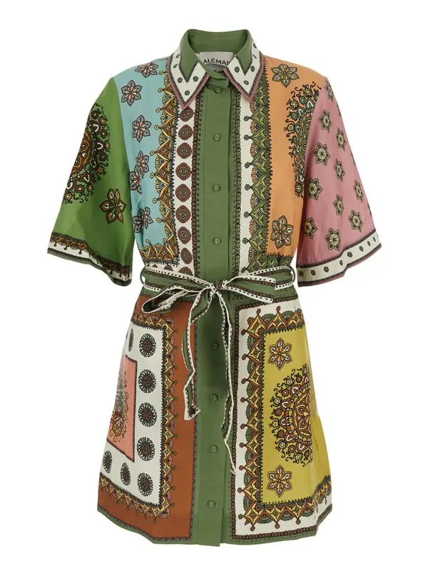 ALEMAIS Point Collar Stand Mini Dress With Cropped Sleeves, Self-tie Belt - Multicolor