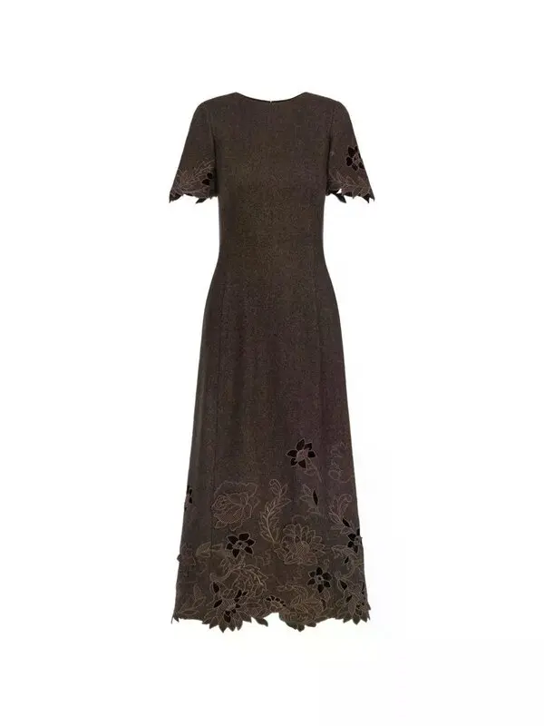 Oscar De La Renta Peony-cutout Herringbone Flared Midi Dress - Brown