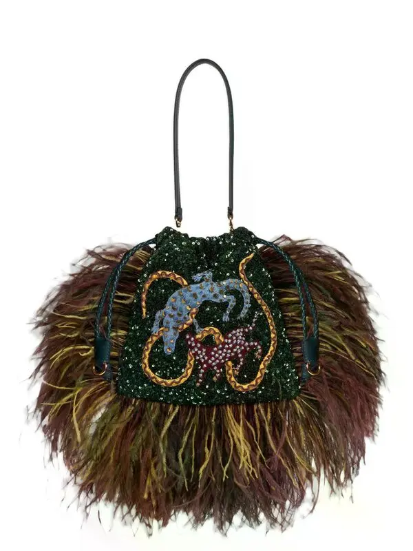 Etro Small Sequined Kalispera Bag With Feather And Animal Embroidery - Green