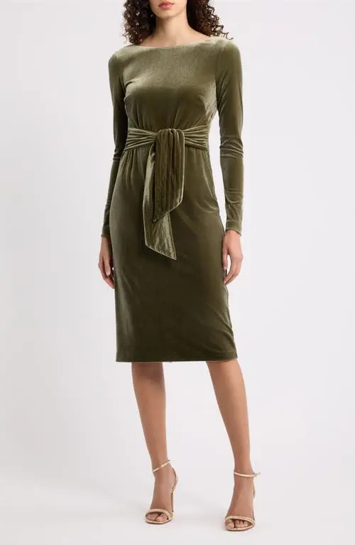 Eliza J Bateau Neck Velvet Sheath Dress - Olive