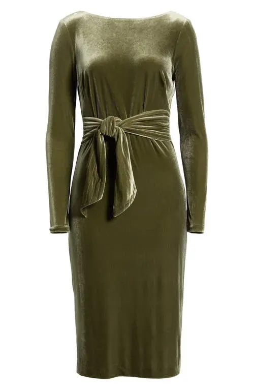 Eliza J Bateau Neck Velvet Sheath Dress - Olive