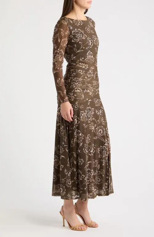 Eliza J Paisley Long Sleeve Mesh Maxi Dress