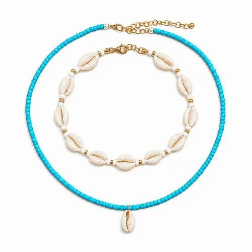 GEMINI JEWELRY Two-piece Genuine Cowrie Shell And Beaded Pendant Necklace Set - Blue
