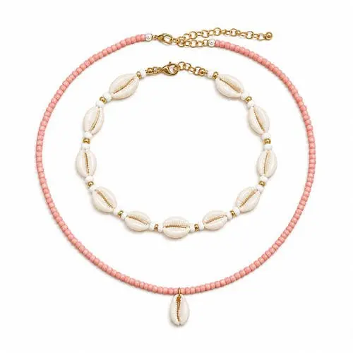 GEMINI JEWELRY Two-piece Genuine Cowrie Shell And Beaded Pendant Necklace Set - Pink