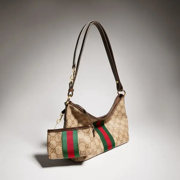 Gucci Medium Shoulder Bag With Web Original Gg Fabric