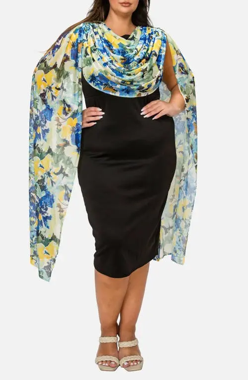 L I V D Evolette Floral Cape Sheath Dress - Black