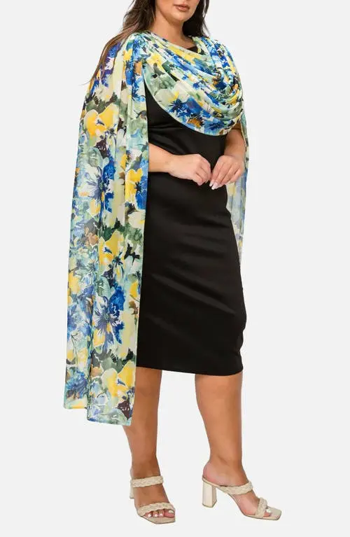 L I V D Evolette Floral Cape Sheath Dress - Black