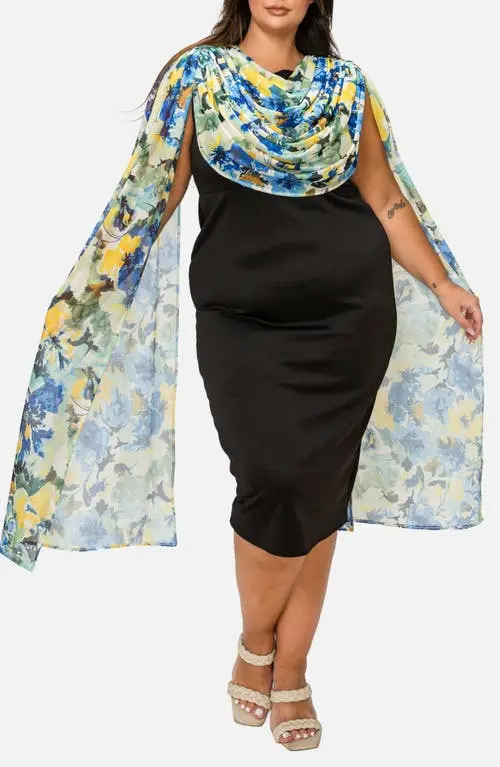 L I V D Evolette Floral Cape Sheath Dress - Black