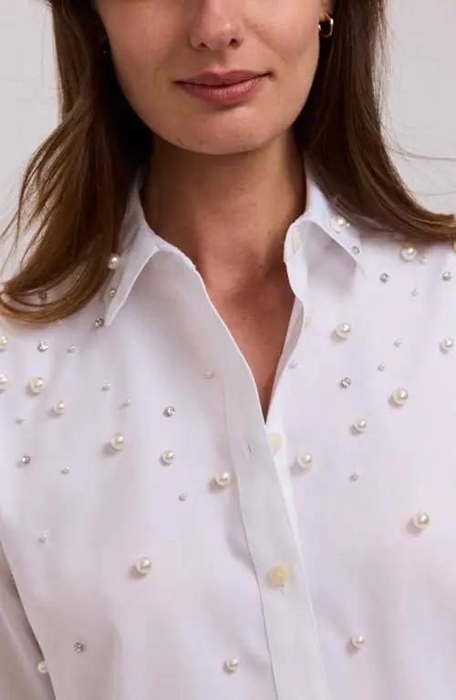 Foxcroft Jodie Faux Pearl & Rhinestone Button-up Shirt