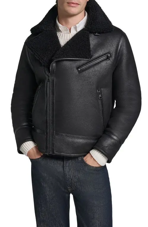 Karl Lagerfeld Paris Asymmetrical Faux Shearling Moto Jacket - Black