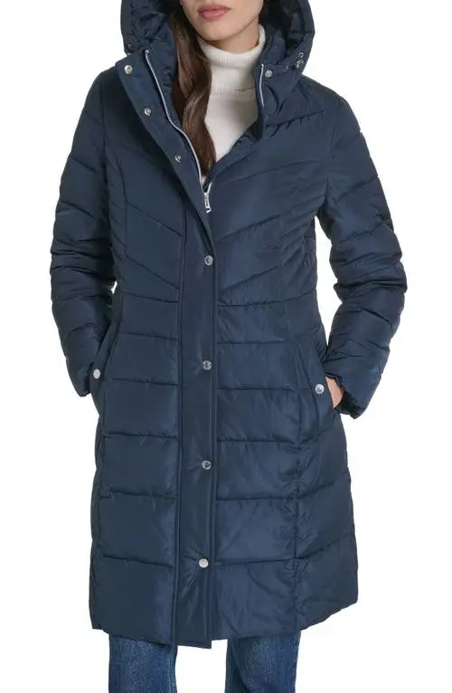 Cole Haan Hooded Taffeta Puffer Coat - Navy