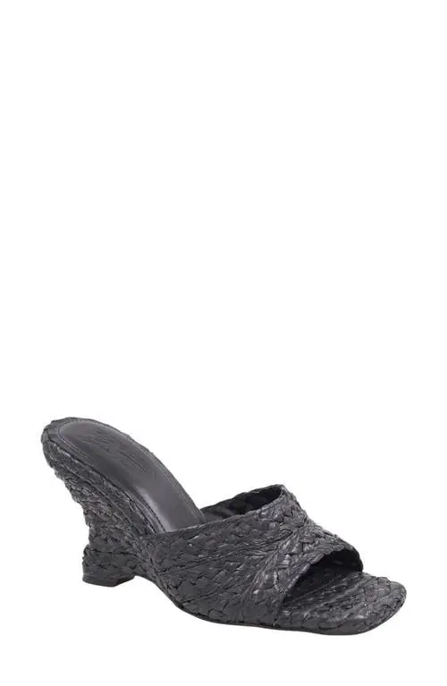 Andre Assous Breana Square Toe Wedge Mule - Black Raffia