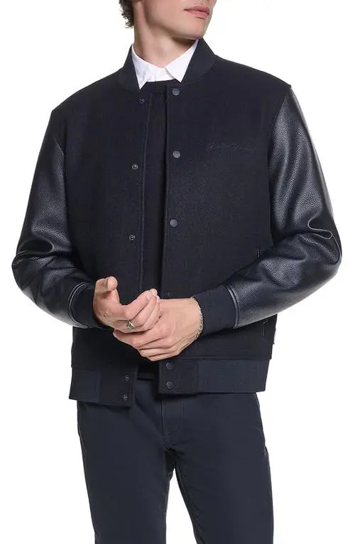 Karl Lagerfeld Paris Script Logo Faux Leather Sleeve Bomber Jacket