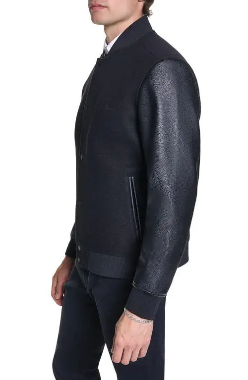 Karl Lagerfeld Paris Script Logo Faux Leather Sleeve Bomber Jacket