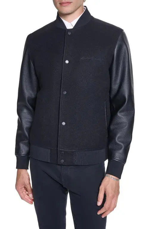 Karl Lagerfeld Paris Script Logo Faux Leather Sleeve Bomber Jacket