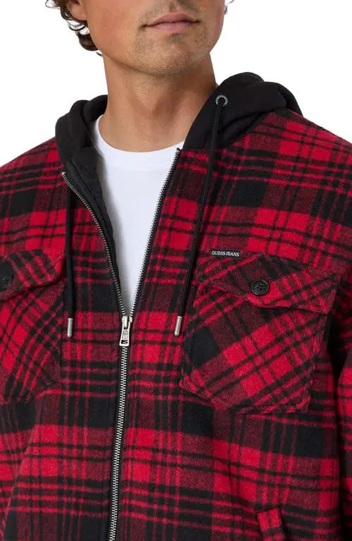 Guess Hooded Plaid Flannel Fleece Shirt Jacket
