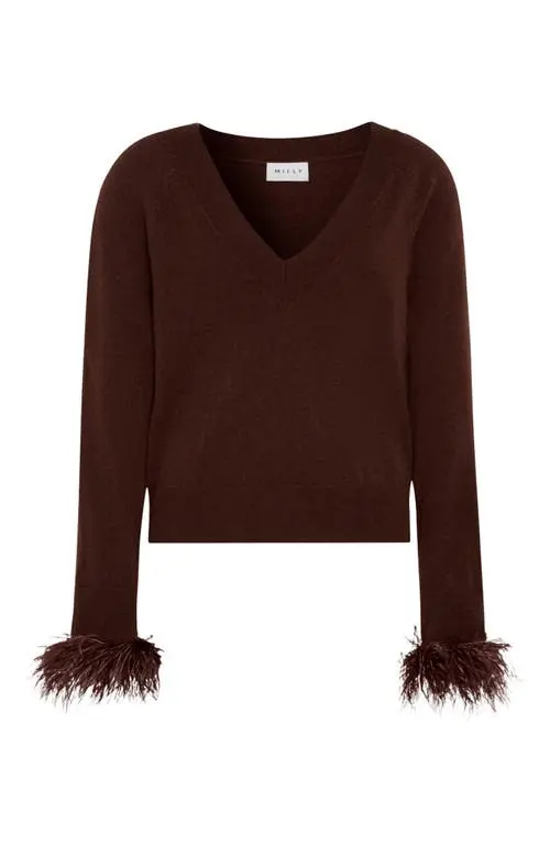 MILLY Feather Cuff V-neck Sweater - Brown