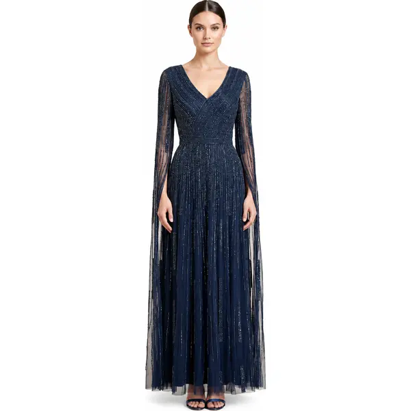 LARA NEW YORK V-neck Beaded Dress With Long Cape Sleeves - Navy