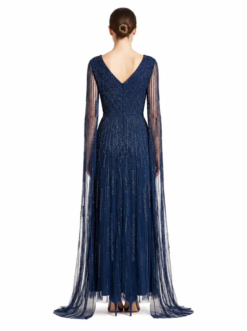LARA NEW YORK V-neck Beaded Dress With Long Cape Sleeves