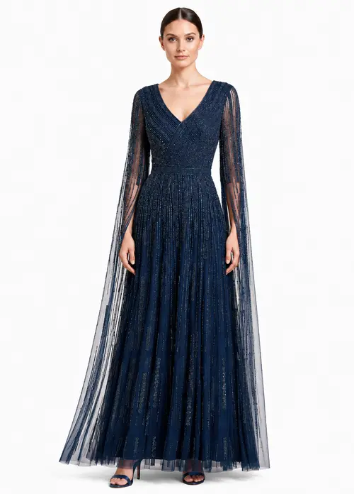 LARA NEW YORK V-neck Beaded Dress With Long Cape Sleeves