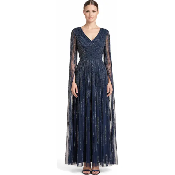 LARA NEW YORK V-neck Beaded Dress With Long Cape Sleeves - Navy