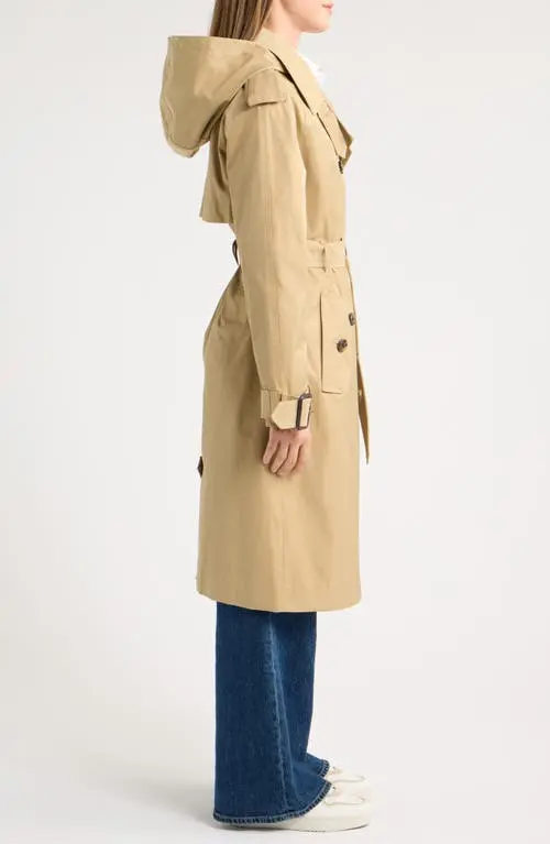 London Fog Water Resistant Double Breasted Trench Coat With Removable Hood - Stone