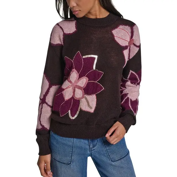 Karl Lagerfeld Paris Floral Sequin Crewneck Sweater