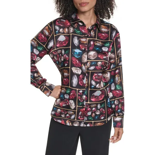 Karl Lagerfeld Paris Printed Satin Button-up Shirt - Black Combo