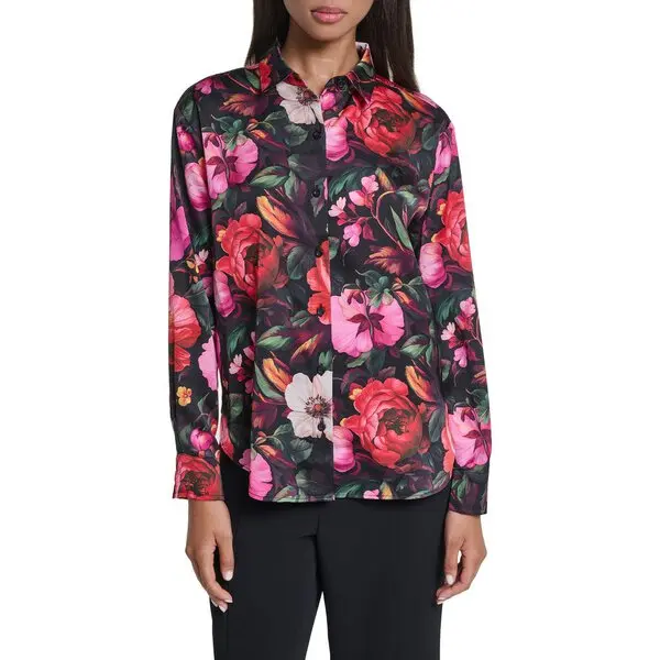 Karl Lagerfeld Paris Printed Satin Button-up Shirt - Black Multi