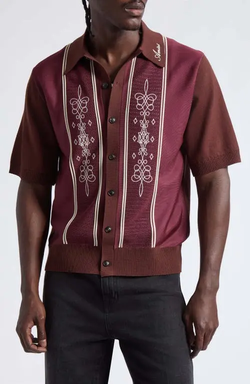 Amiri Paneled Short Sleeve Wool Blend Button-up Sweater Shirt - Brick