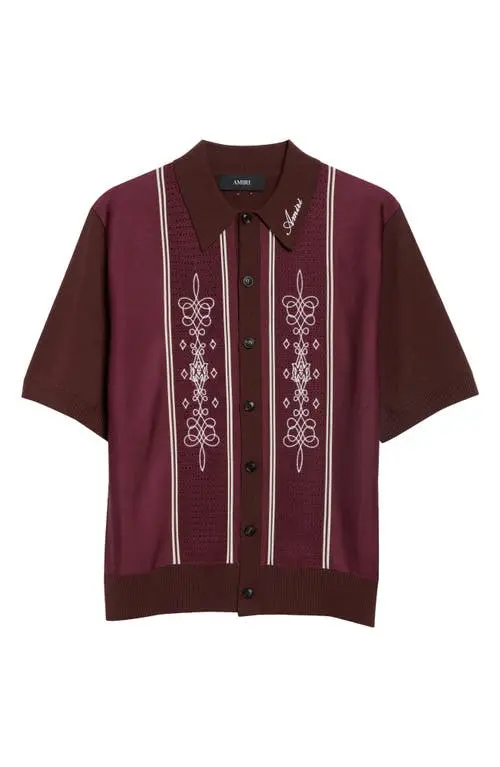 Amiri Paneled Short Sleeve Wool Blend Button-up Sweater Shirt - Brick