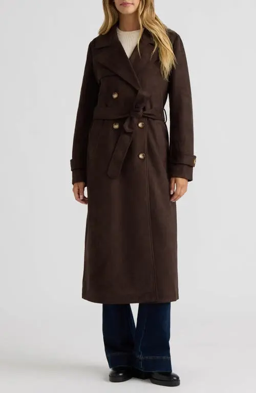 NVLT Faux Suede Double Breasted Longline Coat - Espresso