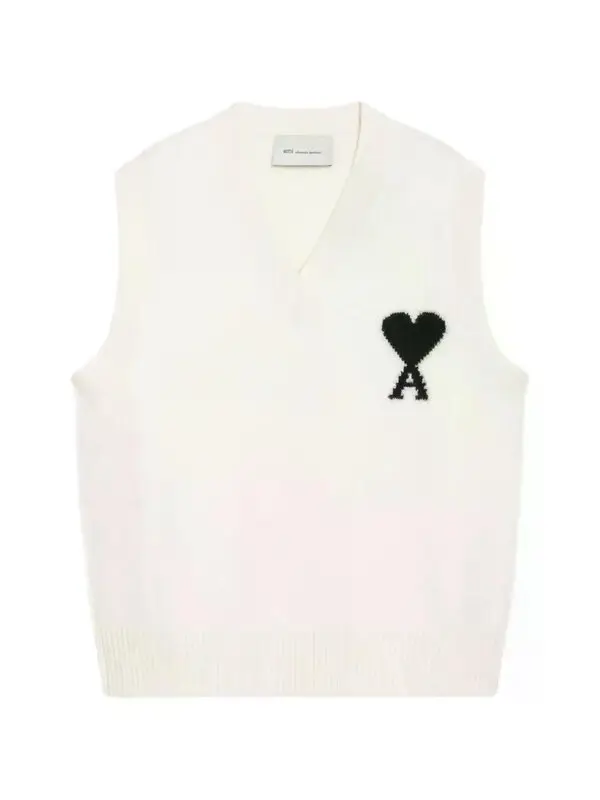 AMI Paris White Sleeveless Wool Sweater With De Coeur