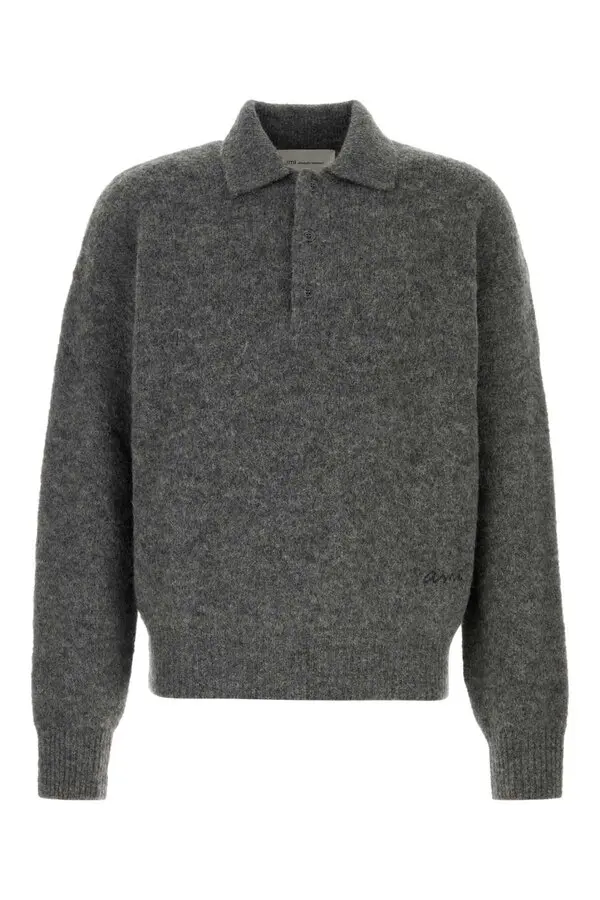 AMI Paris Dark Grey Stretch Alpaca Blend Polo Shirt - Gray