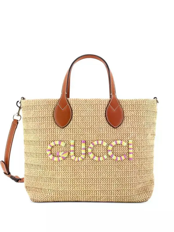Gucci Logo Plaque Convertible Raffia Small Tote Bag - Neutrals