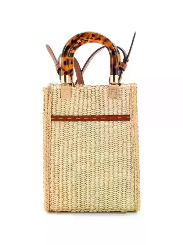 Fendi Sunshine Shopper Straw And Leather Mini Tote Bag