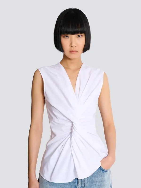 Balmain Draped Sleeveless Cotton Poplin Shirt