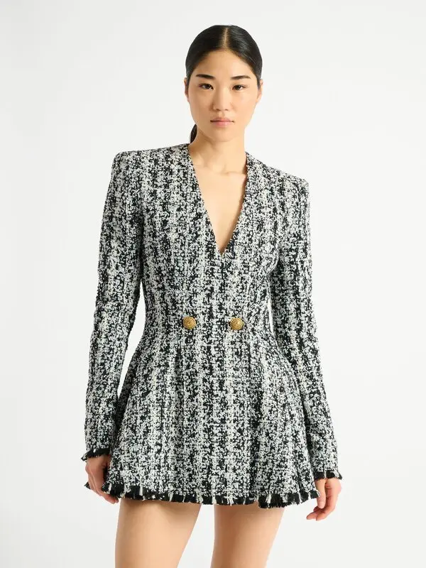 Balmain Two-tone Flared Tweed Dress - Black