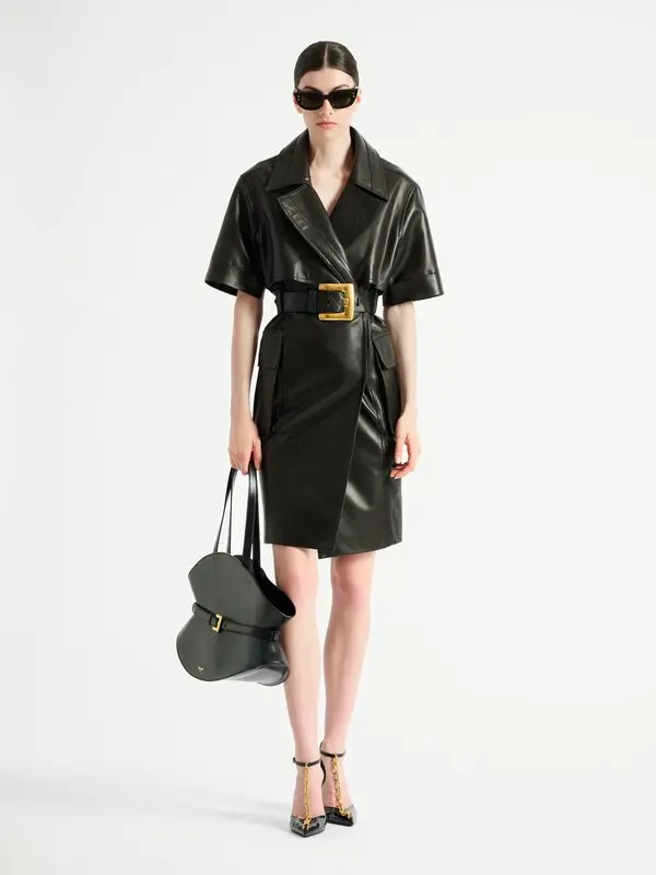 Balmain Belted Lambskin Leather Dress
