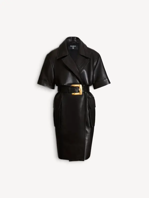 Balmain Belted Lambskin Leather Dress