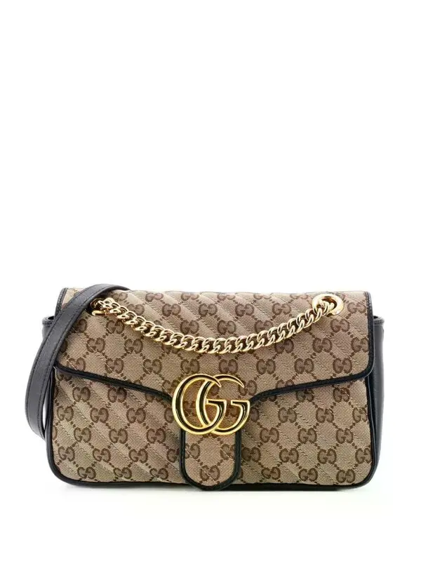 Gucci Gg Marmont Flap Bag Diagonal Quilted Gg Canvas With Leather Small Shoulder Bag
