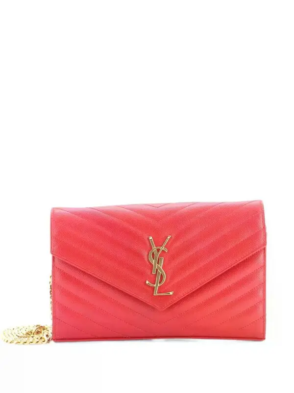 Saint Laurent Classic Monogram Wallet On Chain Matelasse Chevron Leather Medium Crossbody Bag - Red