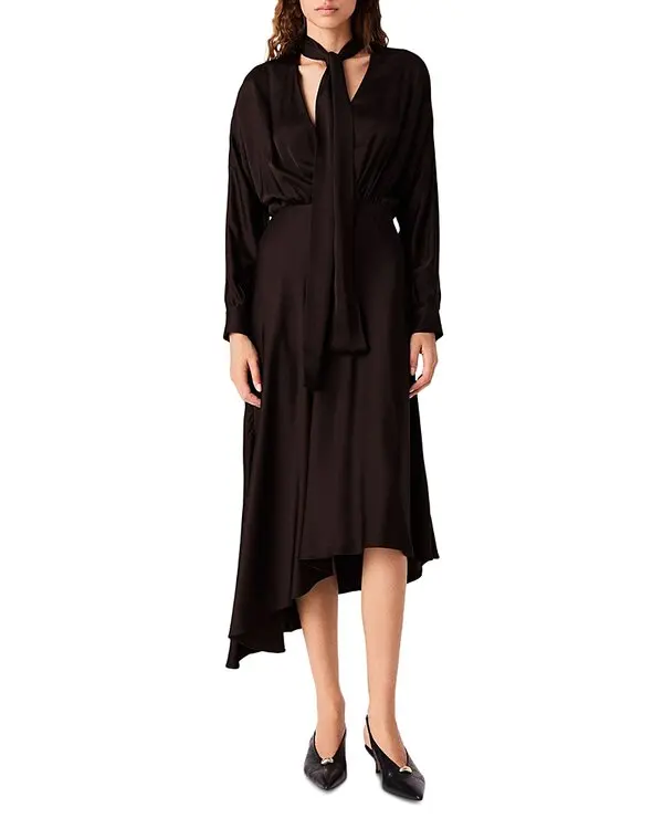 Maje Tie Neck Asymmetric Satin Midi Dress